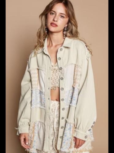 POL Beige Denim Oversized Patchwork Jacket Shacket Size Medium Balloon ...