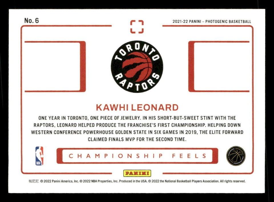 2021-22 Photogenic Kawhi Leonard #6 CHAMPIONSHIP FEELS SP Toronto ...
