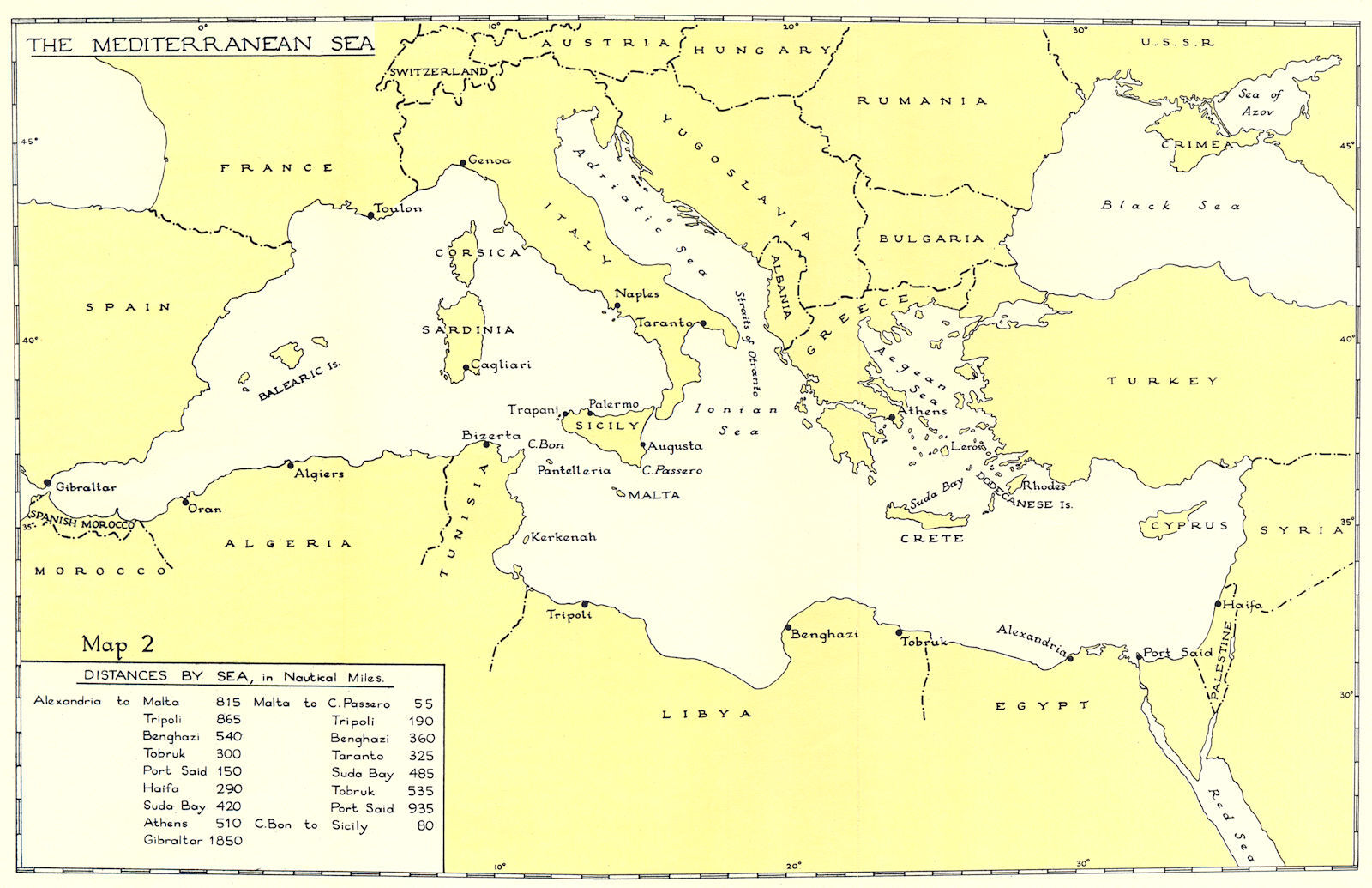 Mediterranean Sea. Distances by sea from Alexandria Malta. WW2 1954 old ...