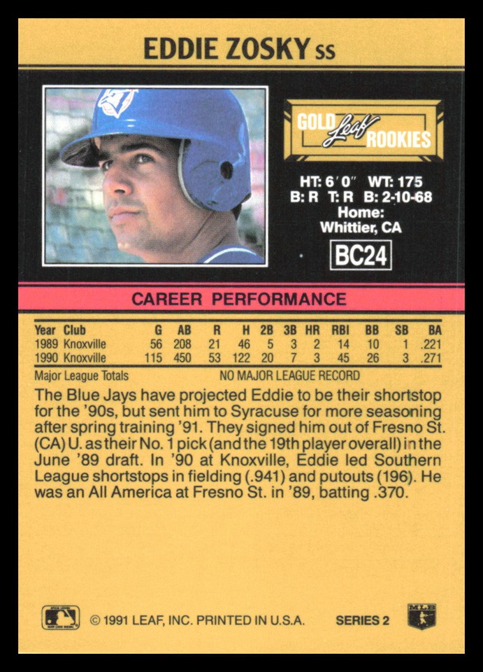 1991 Leaf Eddie Zosky #BC24 Gold Rookies Toronto Blue Jays 3R | eBay