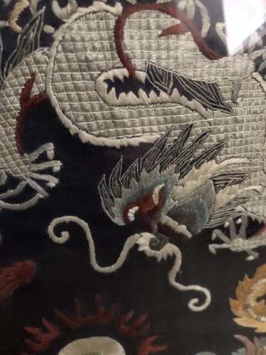 Chinese Silk Textile Badge Roundel 5 Claw Dragon Phoenix Framed Long ...