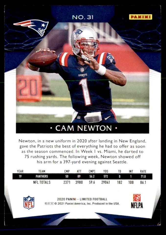 2020 Panini Limited Football Red Foil Base Card #31 Cam Newton 33/49 | eBay