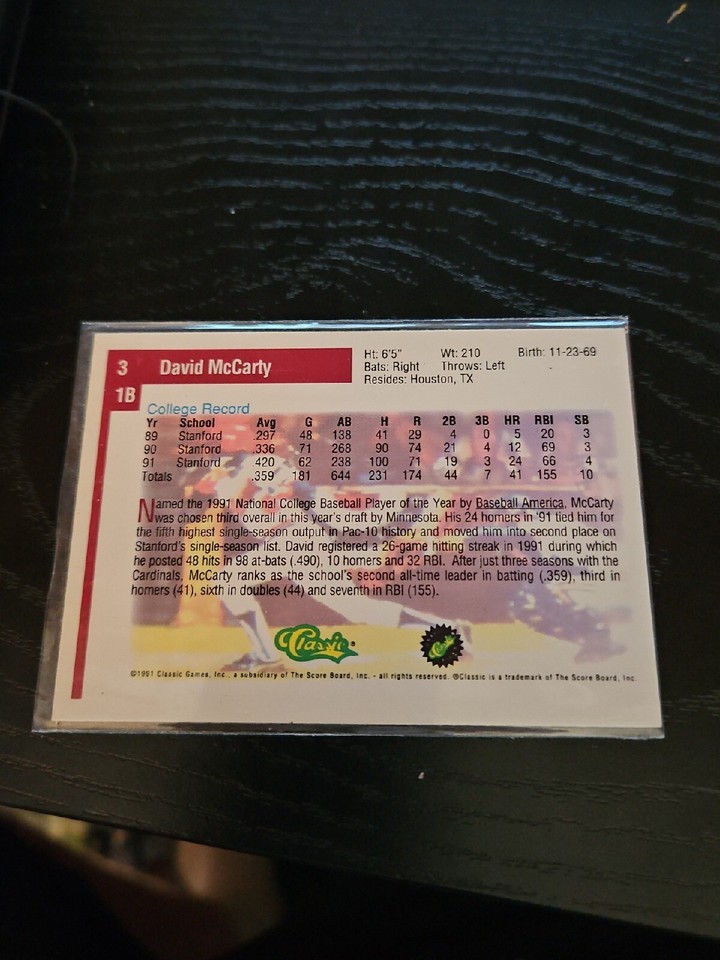Original Autograph, David McCarty; Stanford, 1991 Classic, Draft Picks ...