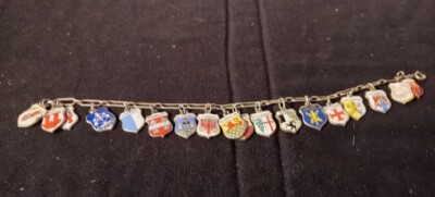 Vintage European Travel Bracelet 18 Sterling Silver & Enamel Shield ...