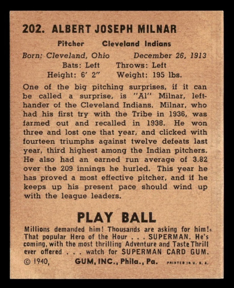 Al Milnar 1940 Play Ball Card High #202 Cleveland Indians Superman Ad ...