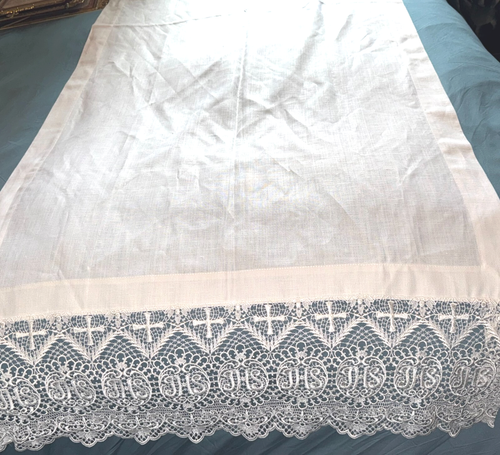 WHITE LINEN CATHOLIC CHURCH ALTAR FRONTAL RUNNER W/IHS LACE BEAU VESTE ...
