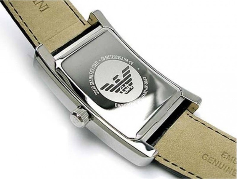 EMPORIO ARMANI AR0143 Black Dial Leather Strap Rectangular Men's Watch ...