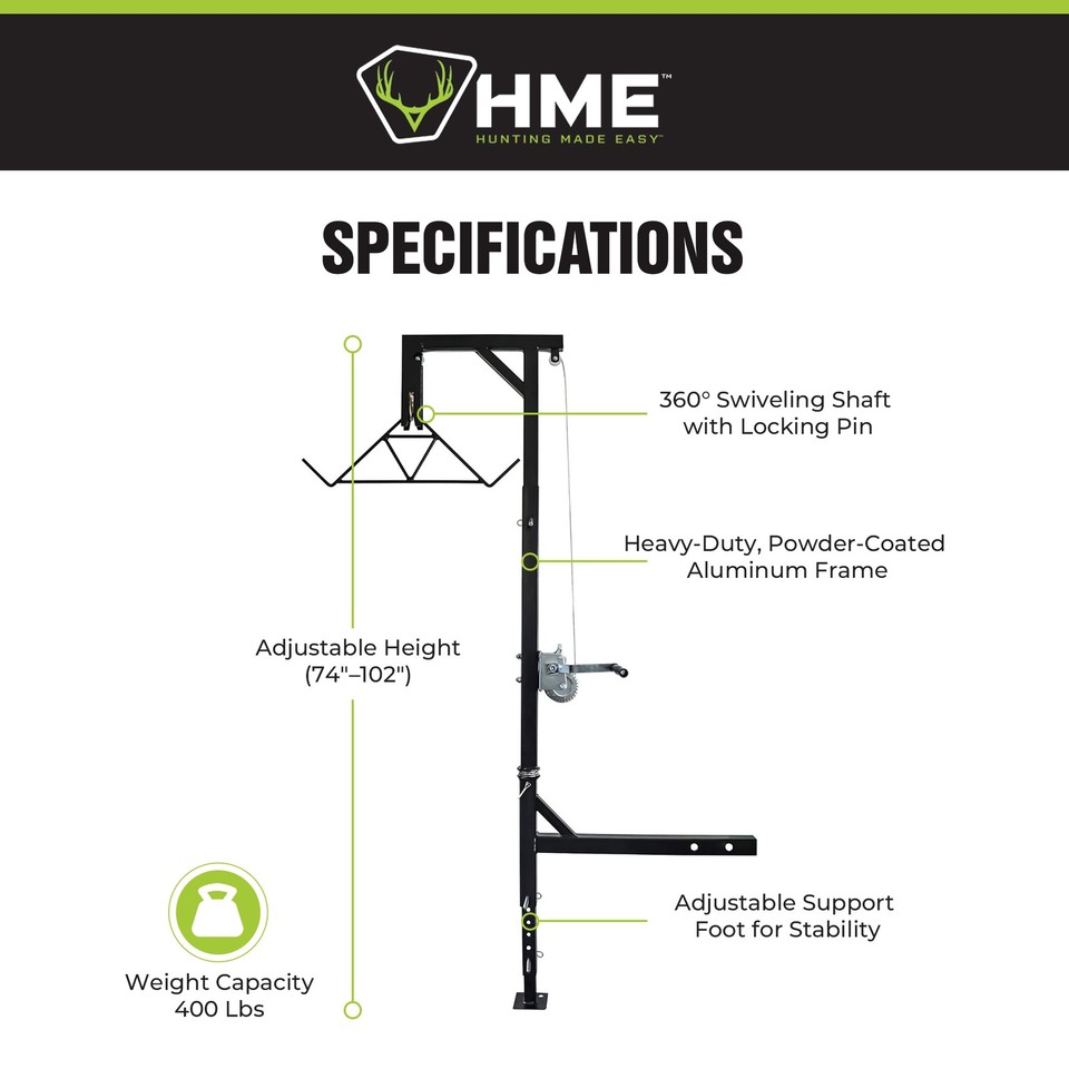 HME Game Hoist Kit, Winch Gambrel, 400 Pound Capacity, Adjustable ...