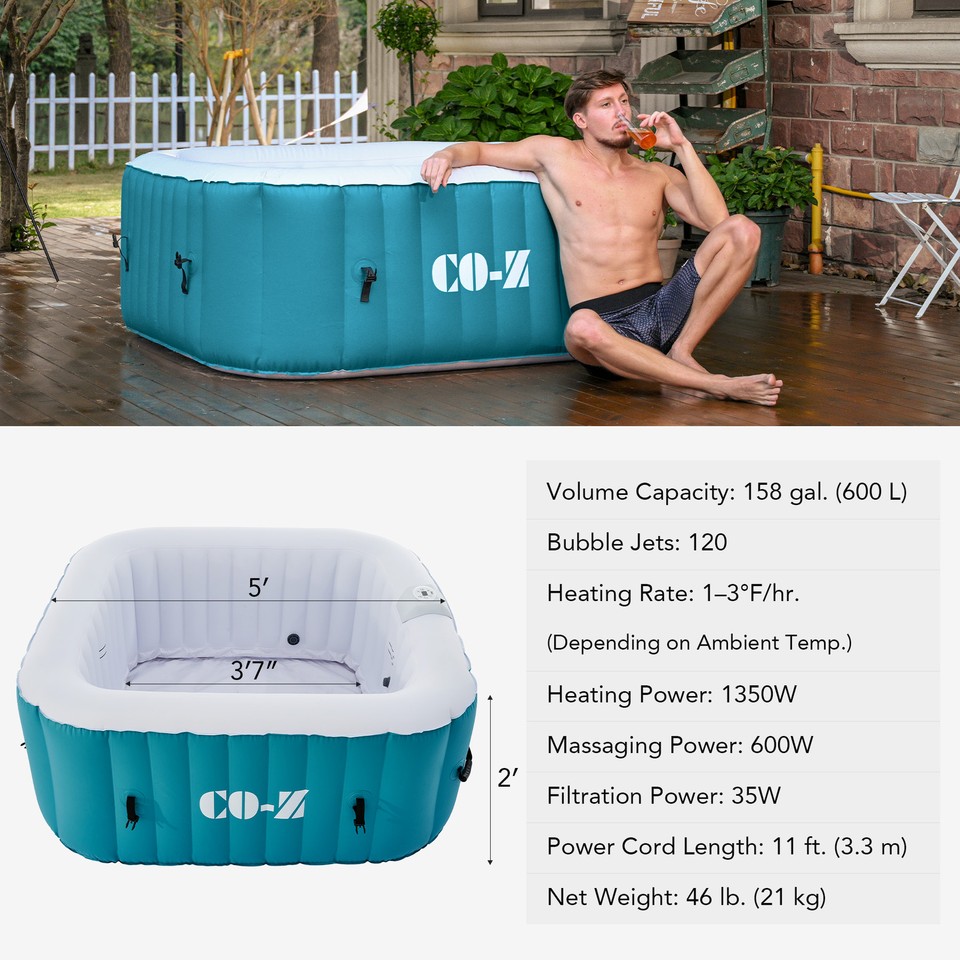 CO-Z Portable Inflatable Hot Tub Spa plus 130 Air Jet 2-6 Person Round ...
