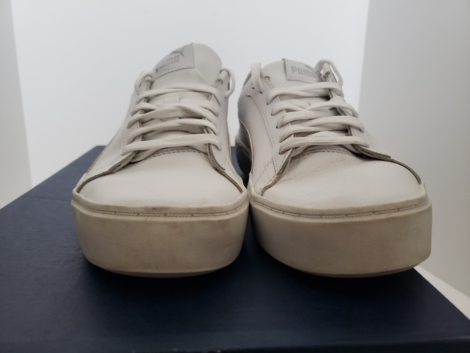 Women Puma smash platform V2L tennis shoe, color white with silver band ...