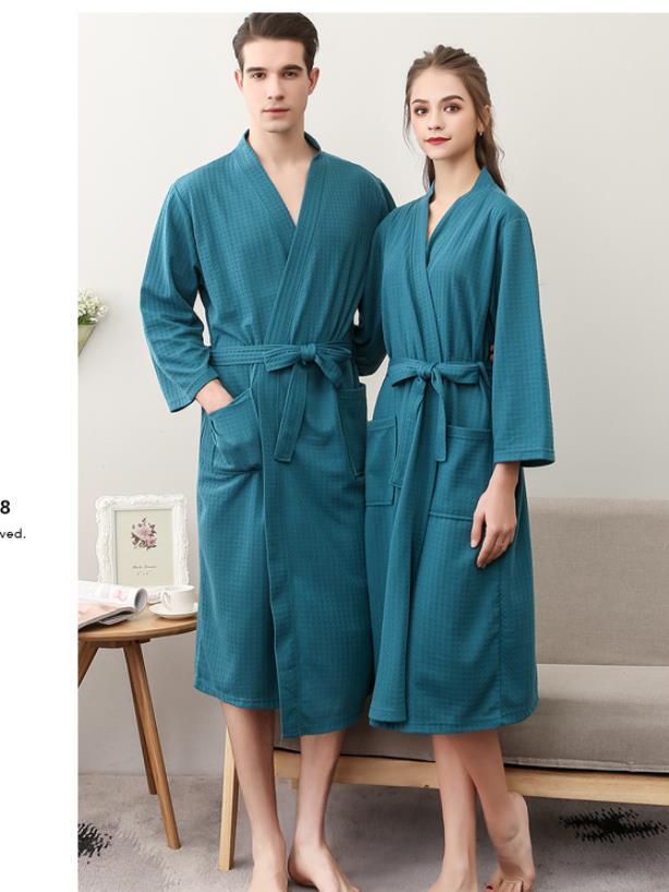 Cotton Grid Lace Up Pocket Couples' Thin Bathwear Bathrobe Sleep Robe ...