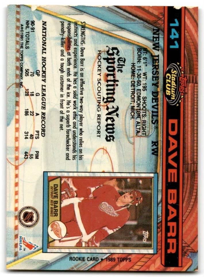 1991-92 Topps Stadium Club Hockey Card Dave Barr #141 New Jersey Devils ...