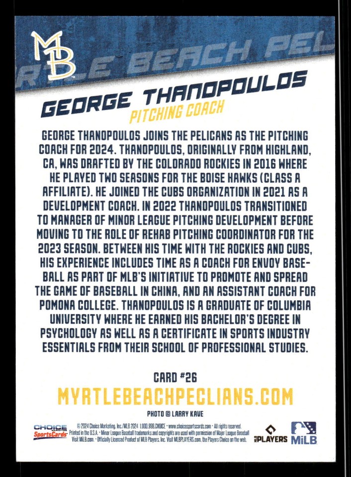 George Thanopoulos 2024 Choice Myrtle Beach Pelicans #26 Myrtle Beach ...