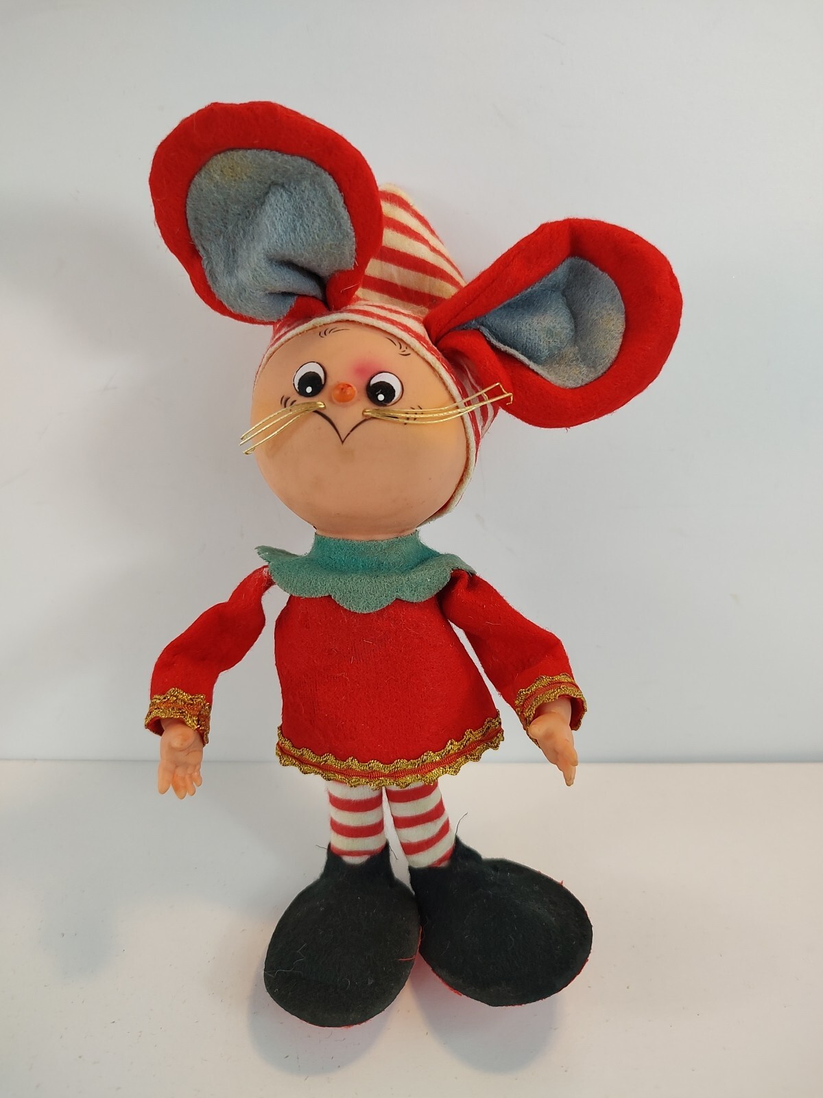 Vtg Felt Flocked Mouse Elves 8.5" Figurine w/ Plastic Rubber Face JAPAN ...