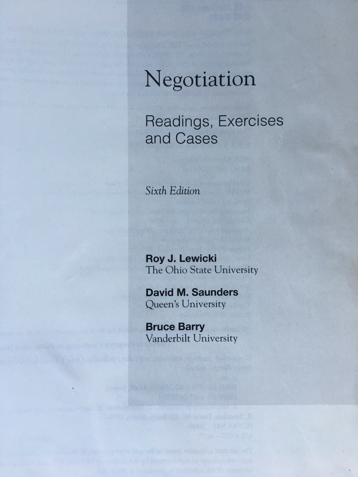 Negotiation Readings, Exercises Cases 6th ed Lewicki Saunders Barry Pre ...