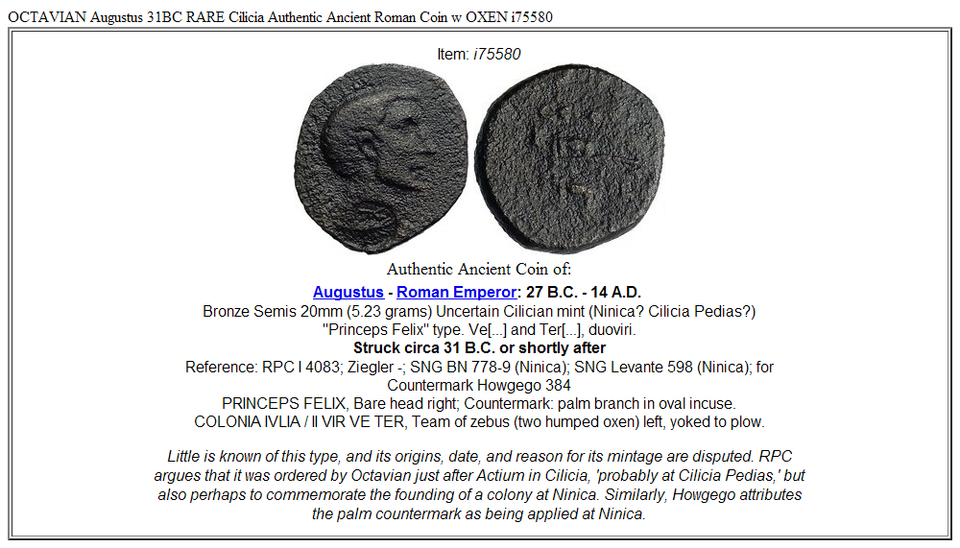 OCTAVIAN Augustus 31BC RARE Cilicia Authentic Ancient Roman Coin w OXEN ...