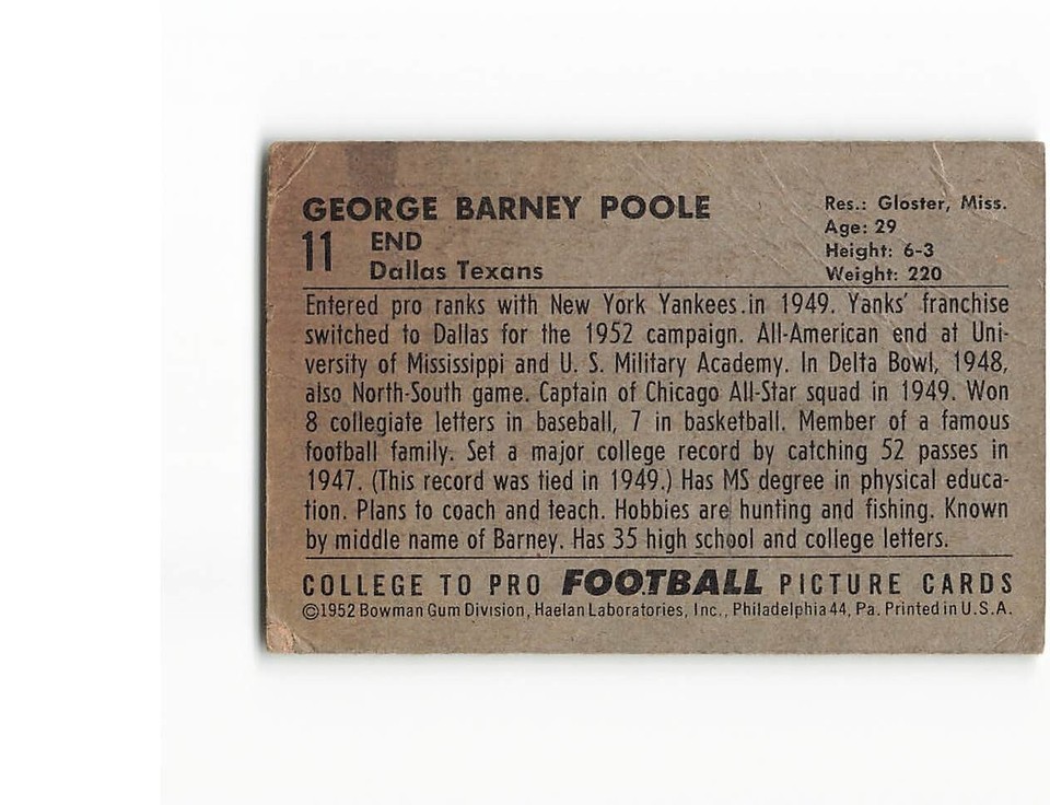 1952 BOWMAN SMALL FOOTBALL BARNEY POOLE #11 DALLAS TEXANS LOW GRADE | eBay