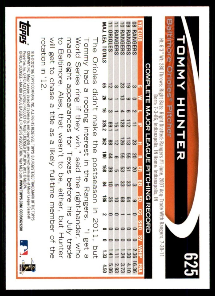 2012 Topps Tommy Hunter Baseball Cards #625 | eBay