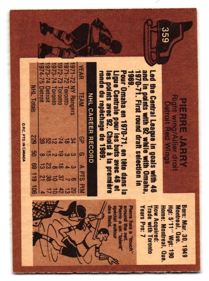1975-76 O-Pee-Chee #359 Pierre Jarry Detroit Red Wings OPC SKU#VS1122 ...
