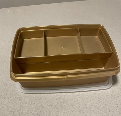 TUPPERWARE 3 pc Tuppercraft Stow N Go gold divided container, tray ...