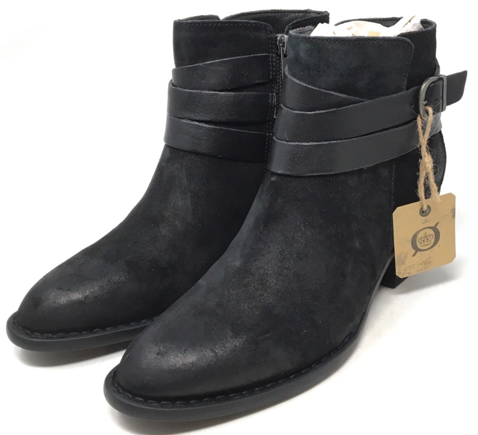 Born Payton Black Leather Belted Strap Block Heel Ankle Booties Women's ...