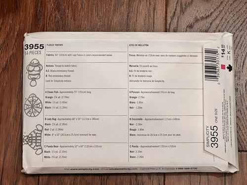 Simplicity 3955 Fish Panda Ladybug Fleece Throws Sewing Pattern Uncut ...