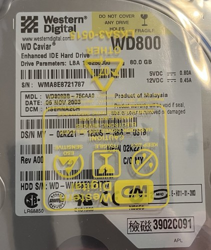 Sealed Western Digital WD Caviar Enhanced IDE Hard Drive 80GB WD800BB ...