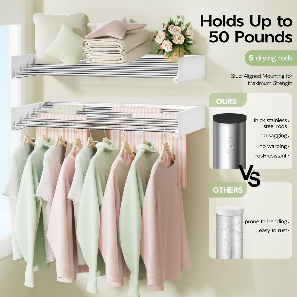 Wall Mounted Clothes Drying Rack 32", Foldable Wall Mount Laundry Rack ...