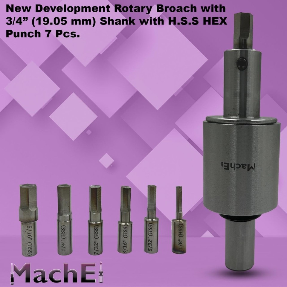 MachEl Straight Shank Rotary Broach Set, 7-Pc HSS Hex Punches, 3/4 ...