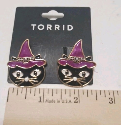 Torrid Black Cat Wearing a Witch's Hat Purple Earrings Pierced NEW On ...
