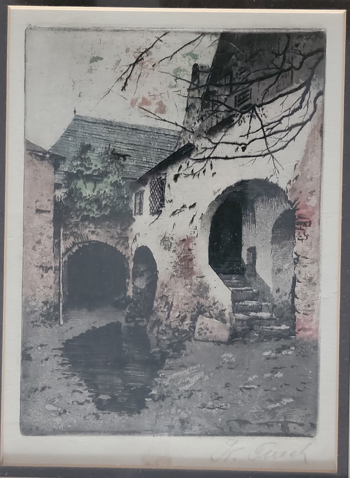 ANTIQUE ETCHING KARL TUCEK AQUA TINTED GRINZING & R POLLAK JAPANESE ...