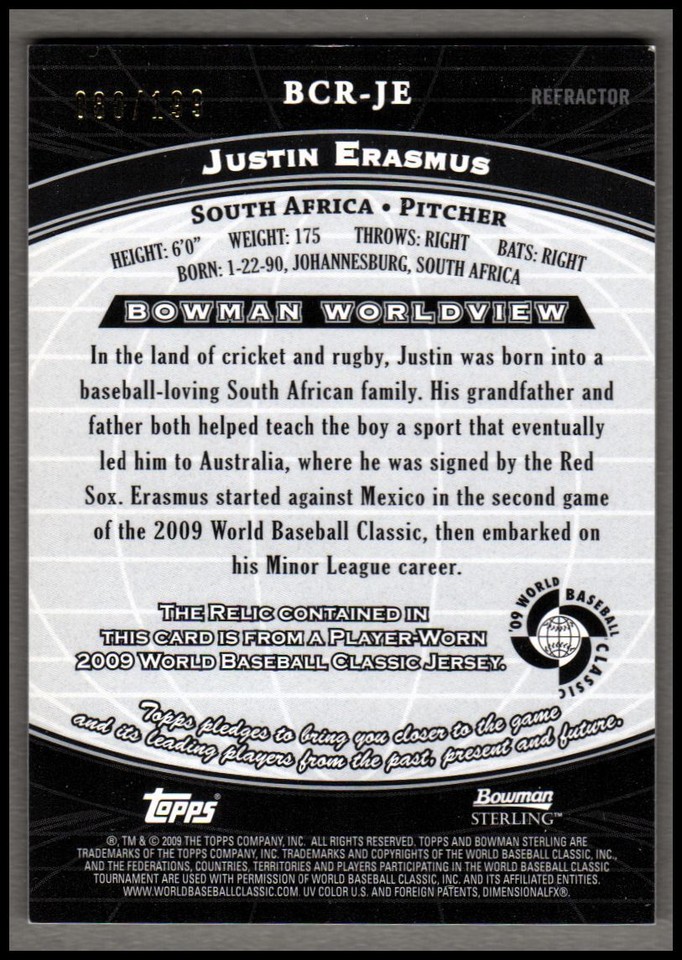2009 Bowman Sterling WBC Relics Refractors #JE Justin Erasmus Jersey ...