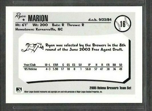 2005 Helena Brewers Team Set #16 Ryan Marion Signed Autograph Baseball ...