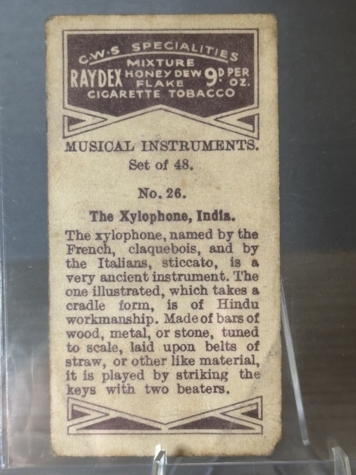 Tobacco Card, CWS Raydex, MUSICAL INSTRUMENTS, 1934, Xylophone, India ...