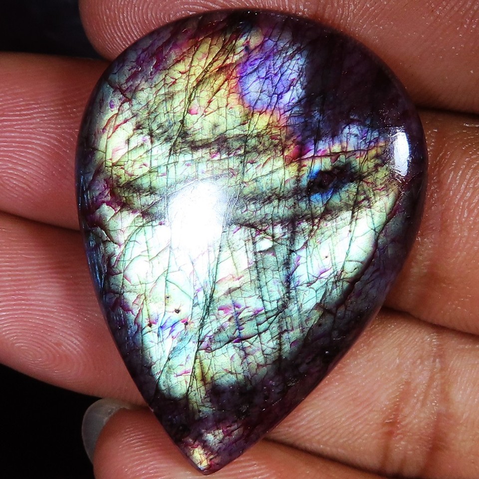 68.60 Cts Reddish Pink Labradorite Pear Cabochon Rare Gemstone 31x42x6 ...