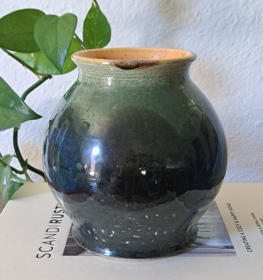 Vintage Studio Pottery Round Vase Circles 6" Handmade Niche Gold Blue ...