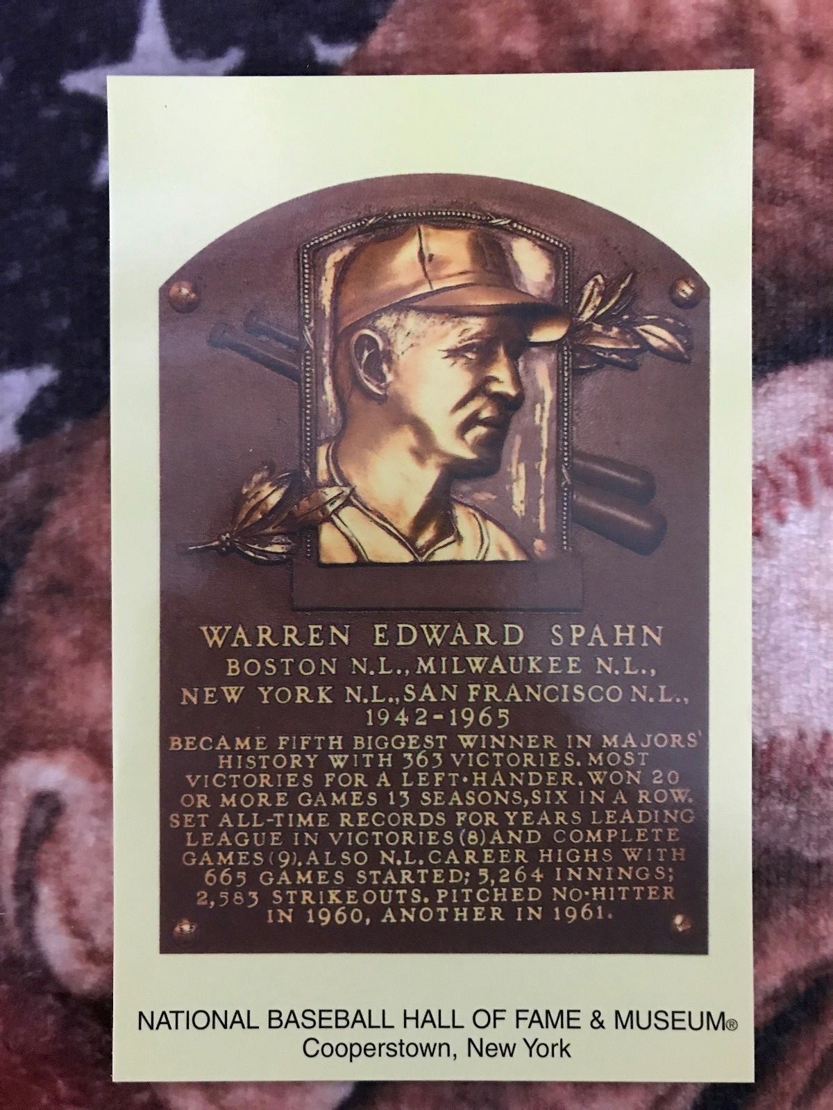 Warren Spahn Postcard- Baseball Hall of Fame Induction Plaque - Braves ...