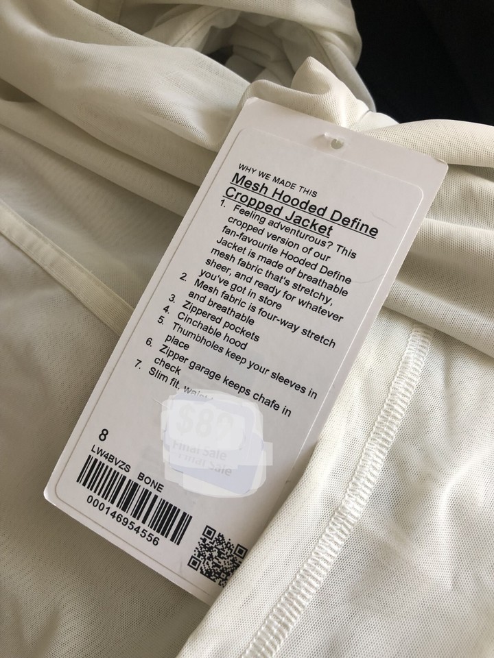 New Lululemon Mesh Hooded Cropped Define Jacket Size 8 Bone Color ...
