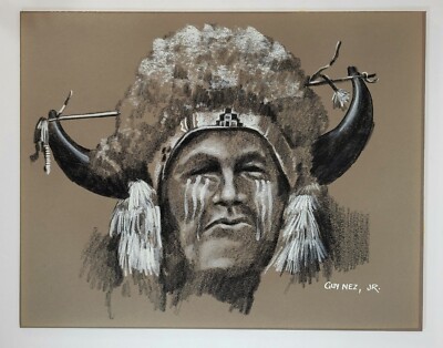Navajo Artist Guy Nez Jr Charocoal Drawing of Man in Horned Bonnet | eBay