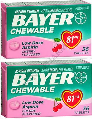 Bayer Chewable 'Baby' Aspirin 81mg Low Dose CHERRY 36 Tablets ( 2 pack ...