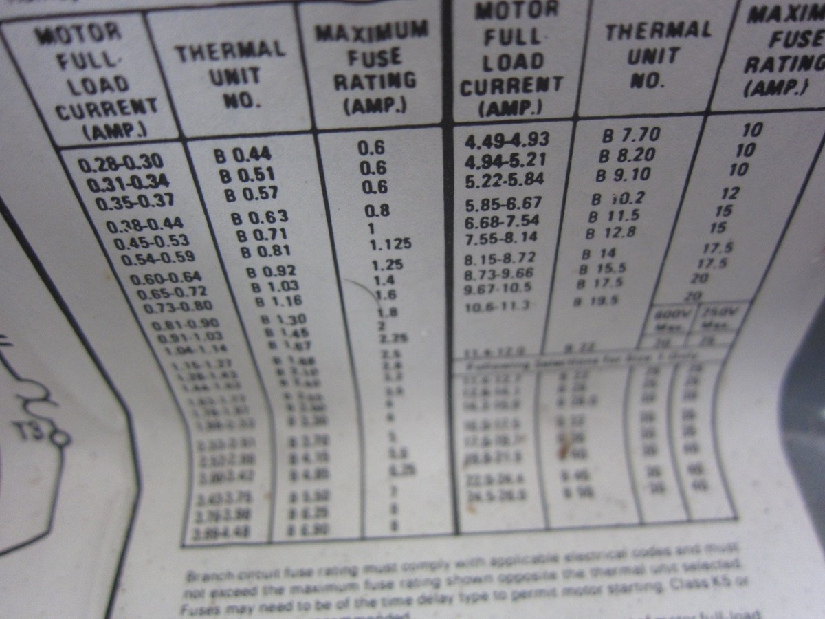 Overload Relay Thermal Unit Chart Thermal (Overload) Motor Relay