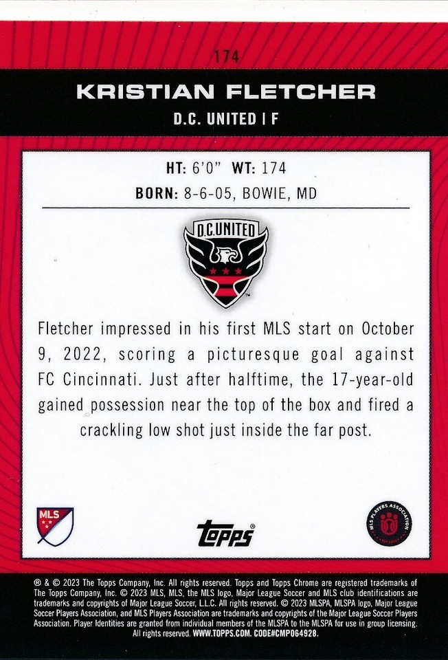 #174 KRISTIAN FLETCHER 2023 Topps Chrome MLS Soccer PITCH PRODIGIES RC ...