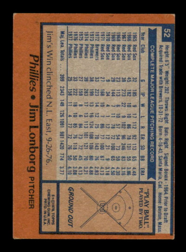 1978 Topps #52 Jim Lonborg G Phillies 561136 | eBay