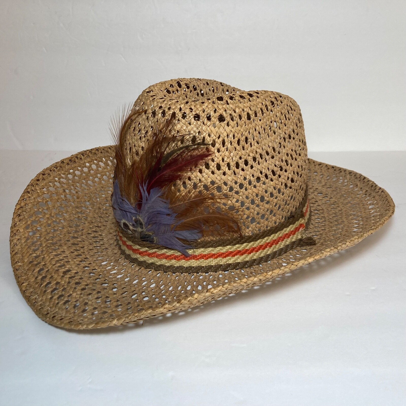 Vintage Straw Cowboy Hat Men's 7 1/4 Feathers Unbrand… - Gem