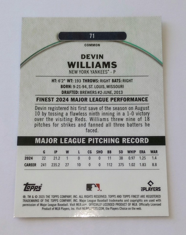 2025 TOPPS FINEST DEVIN WILLIAMS NEW YORK YANKEES #71 COMMON | eBay