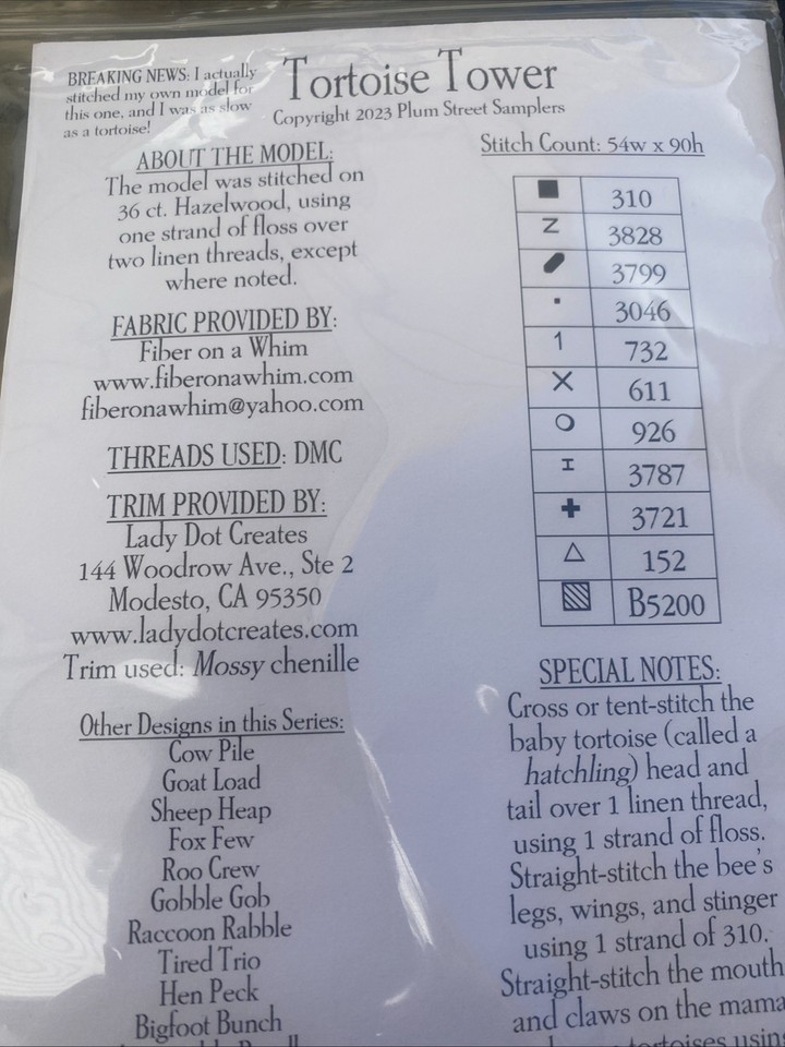 plum street samplers cross stitch pattern Tortoise Tower Paulette Stewart Flower | eBay