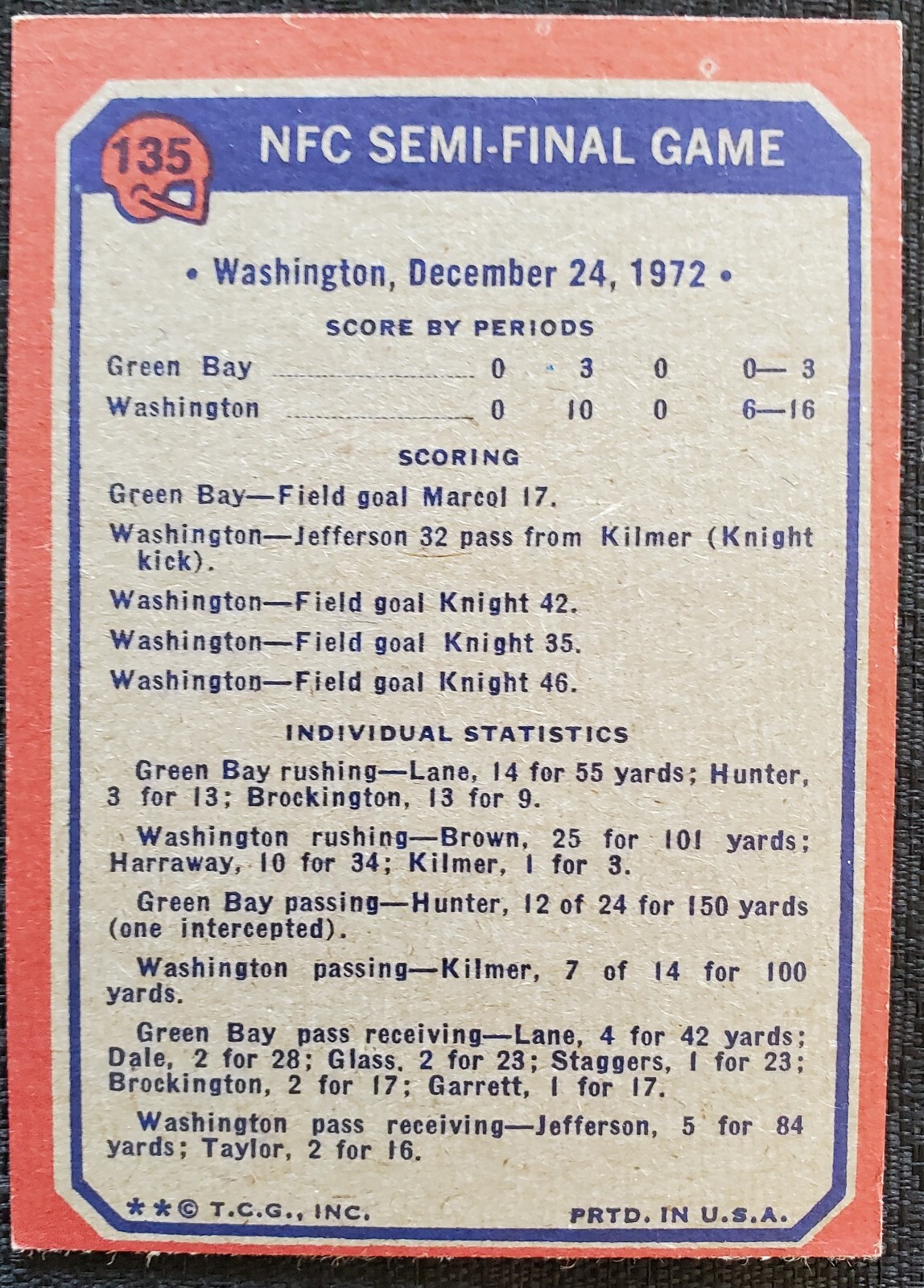 1973 Washington Redskins Green Bay Packers NFC Semi Final Topps NFL ...