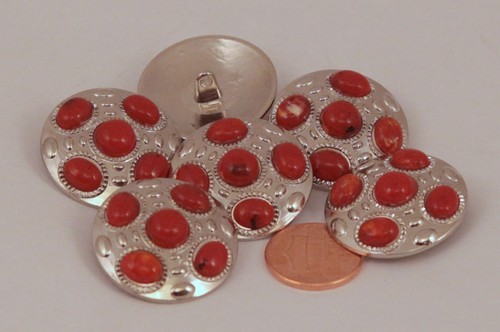 6 Shiny Domed Silver Tone Metal Buttons Rusty Red Cabochons 1 1/8" 29MM ...