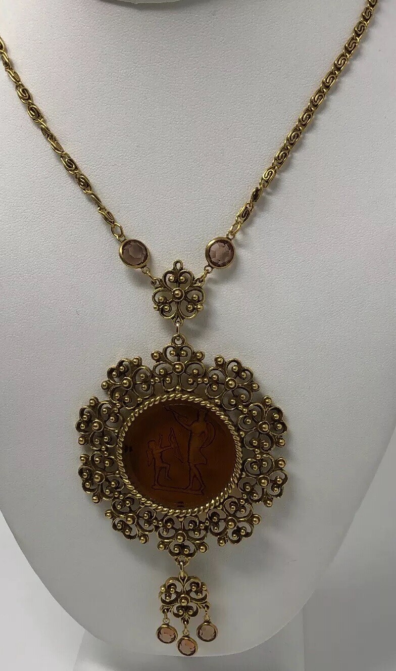 Vintage UnSigned Goldette Intaglio Topaz CRYSTAL Glass Cameo Dangle ...