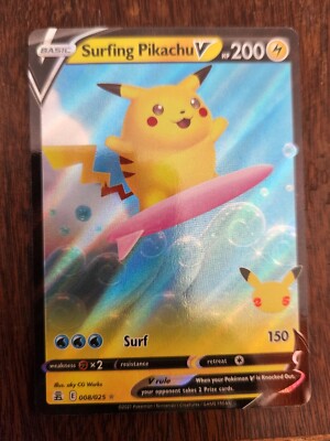 Pokémon TCG Surfing Pikachu V Celebrations 008/025 Holo Ultra Rare ...